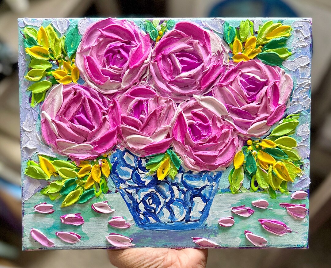 Original Painting Pink Roses in Chinoiserie Vase Abstract Acrylic ...