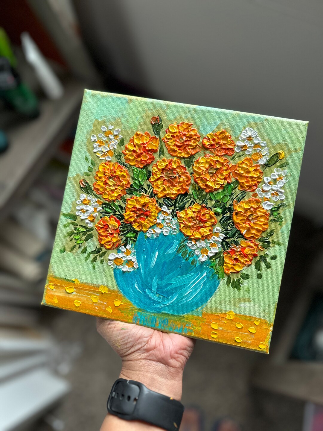 Original Painting Marigolds in Vase Abstract Textured Acrylic Art Still ...