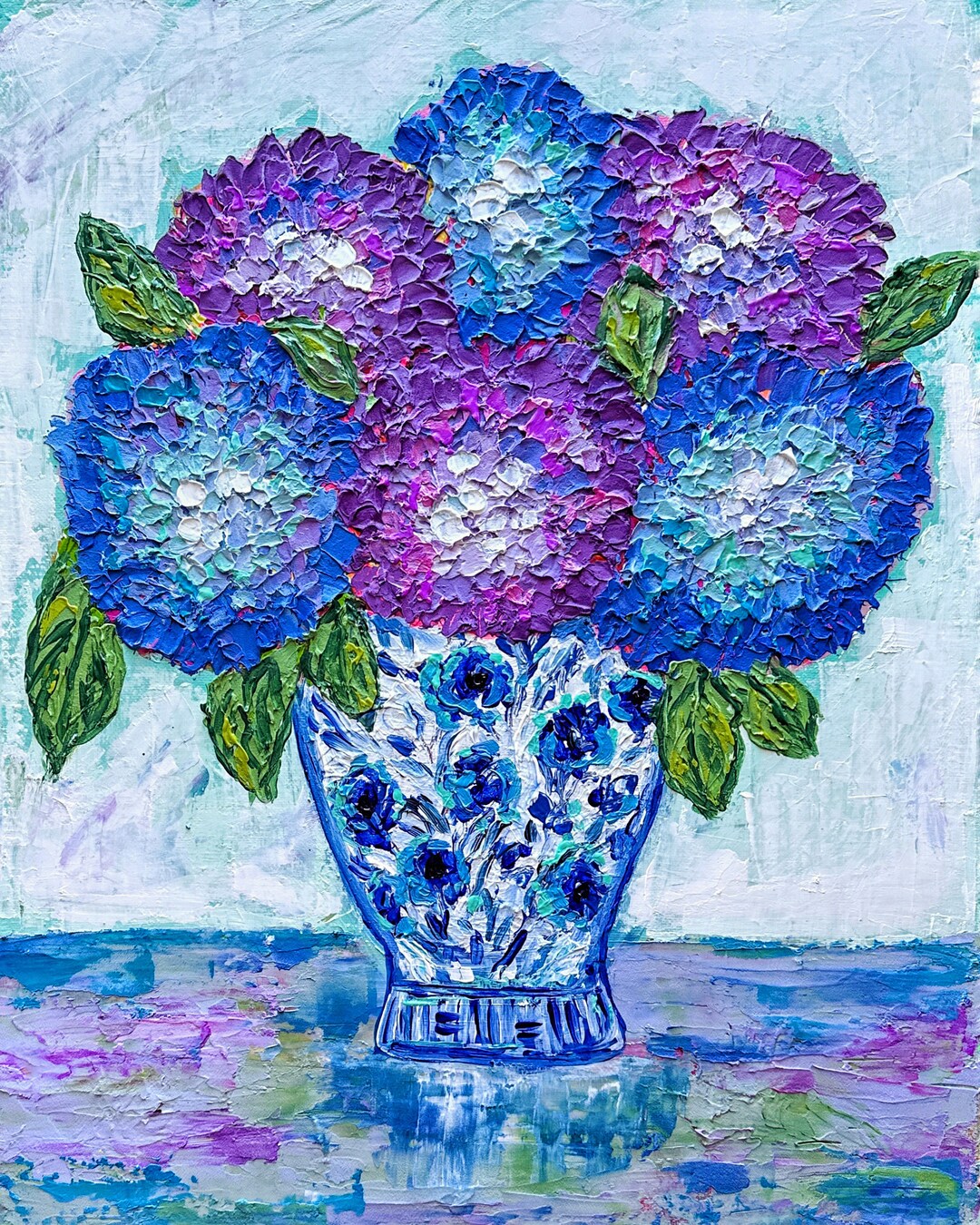Original Painting on Canvas | Blue & Purple Hydrangeas in Chinoiserie ...