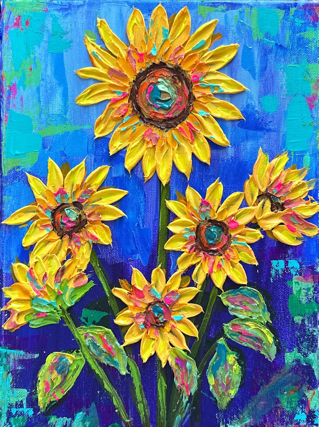 Original Painting | Whimsical Sunflowers | Abstract Colorful Textured ...