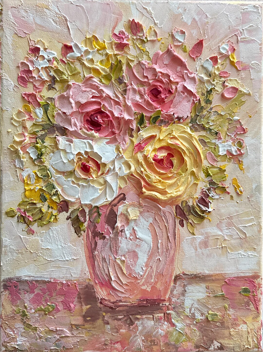 Original Artwork. Pink Floral Vase Painting: Colorful Textured Abstract ...