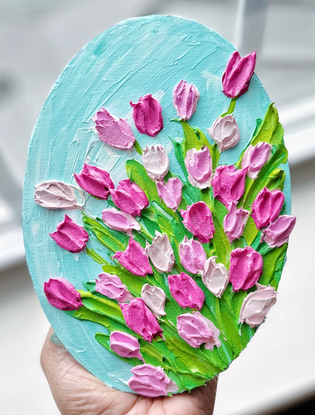 Original Painting | Pink Tulips | Oval Canvas Floral Painting ...
