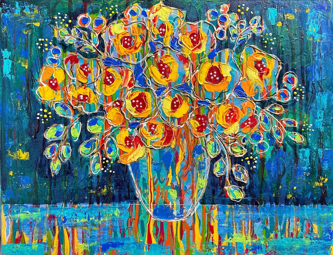 Original Floral Vase Painting: Colorful Abstract Expressionism, 16x20 ...