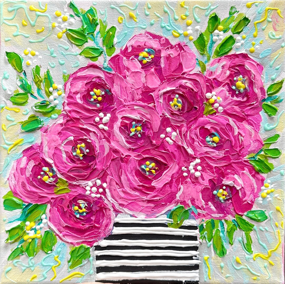 Original Painting Pink Roses in Vase Abstract Textured Acrylic Art ...