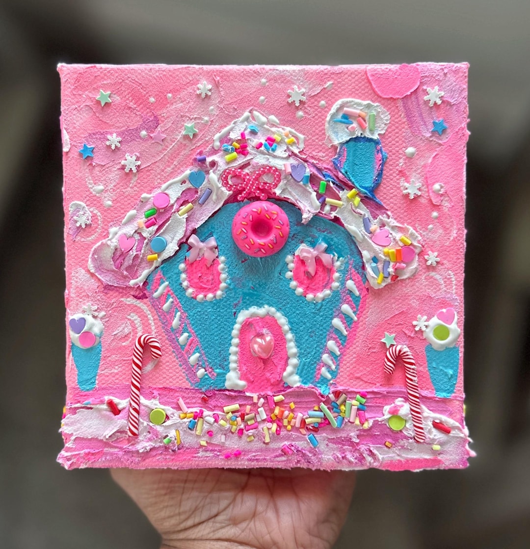 Original Painting | Pink Gingerbread House | Abstract Textured Mixed ...