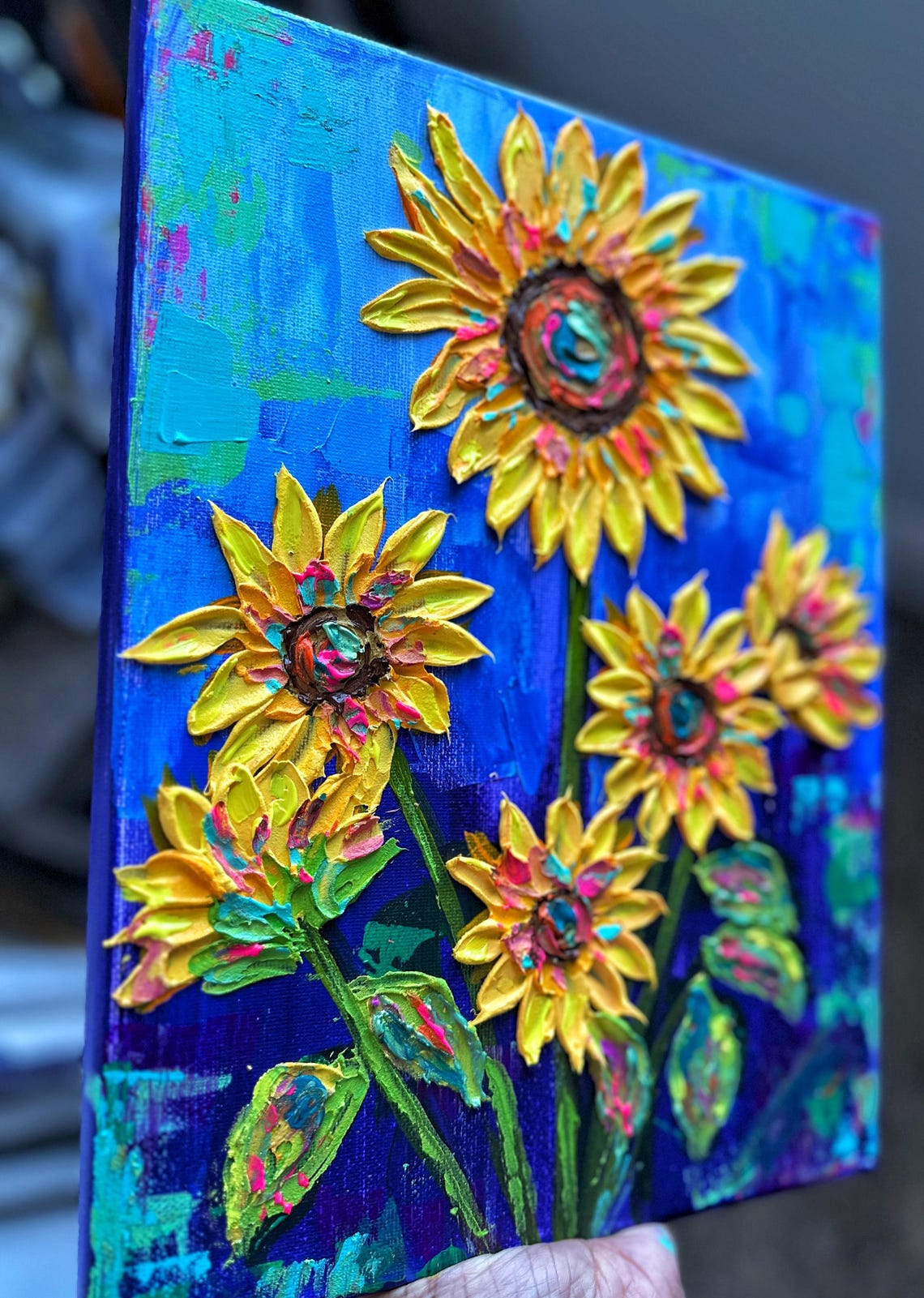 Original Painting | Whimsical Sunflowers | Abstract Colorful Textured ...