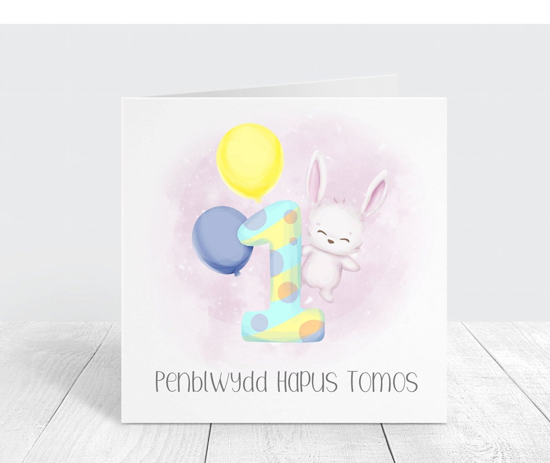 Personalised Welsh First Birthday Card, Cute Bunny Welsh Language 1st ...