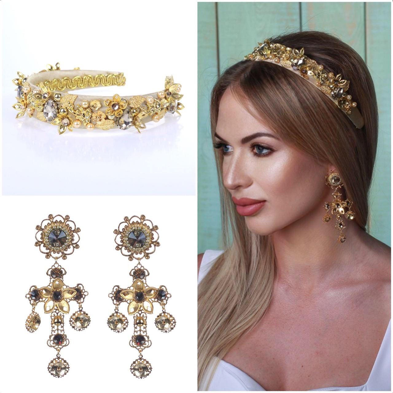 Gold Headband Baroque Gold Flower Crown Headband Woman Etsy