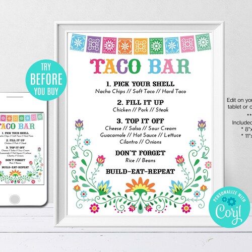 Editable Taco Bar Menu Sign Fiesta Party Menu Mexican Party - Etsy