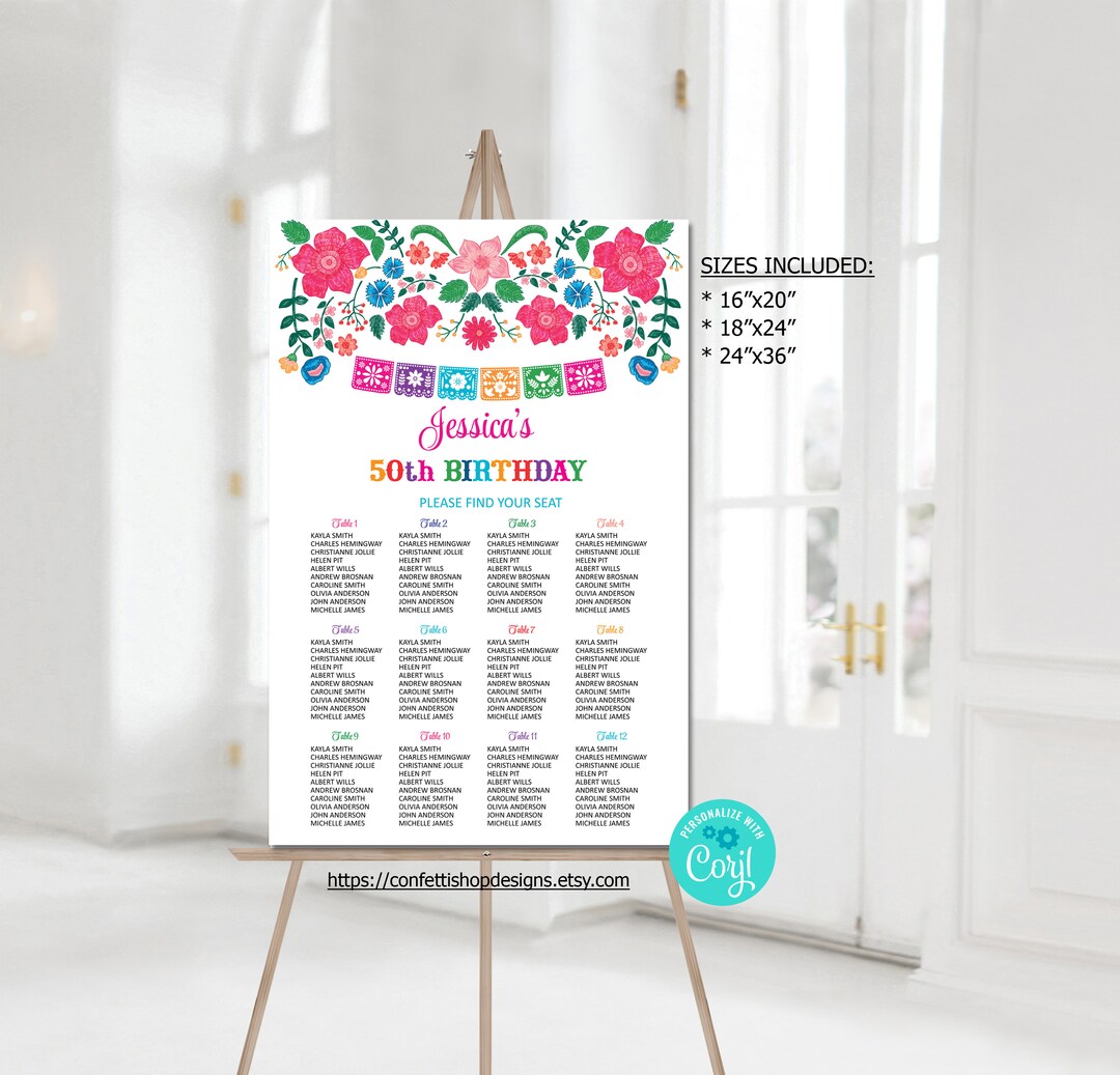 Editable Mexican Seating Chart Template Mexican Flowers Seating Poster ...