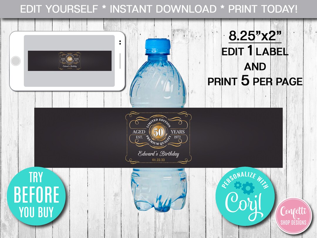 EDITABLE Water Bottle Label, Aged to Perfection, Any Age, Gold, Whiskey ...