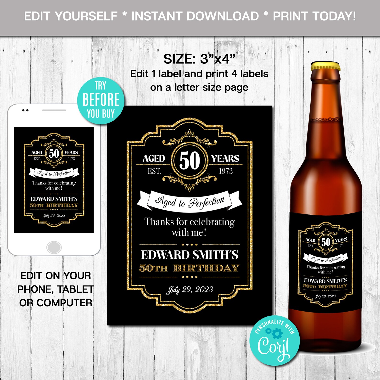 EDITABLE Mini Liquor Bottle Label, Aged to Perfection, Vintage, Any Age ...