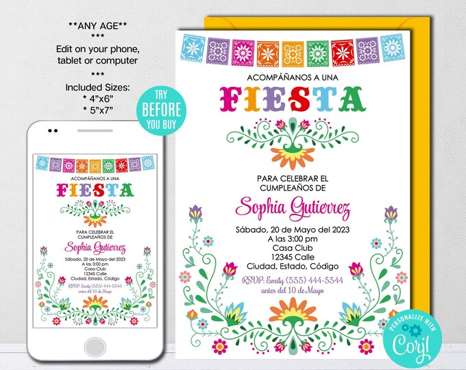 Spanish Birthday Invitation Mexican Theme, Any Age, Instant Download ...