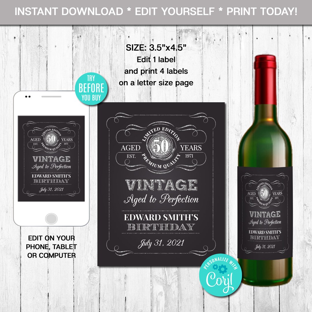 EDITABLE Wine Bottle Label, Aged to Perfection, Any Age, Silver ...