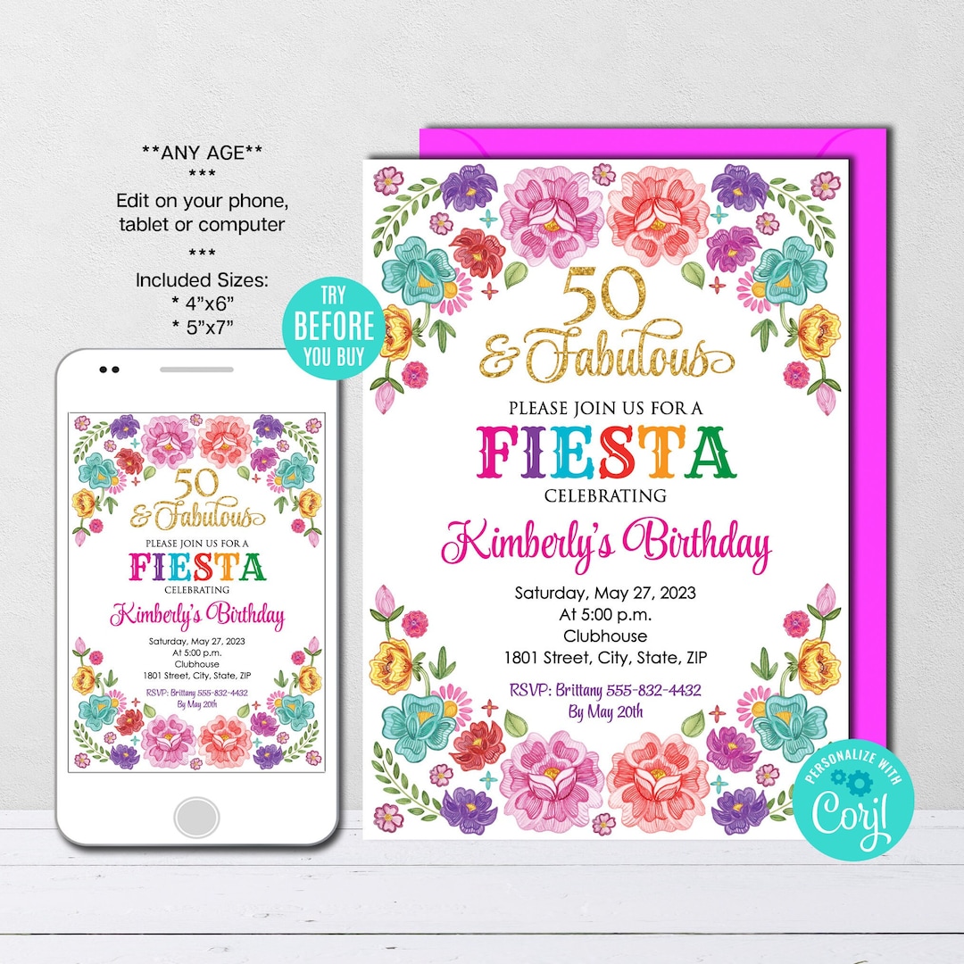 Editable Mexican Birthday Invitation Any Age Fifty & Fabulous Birthday ...