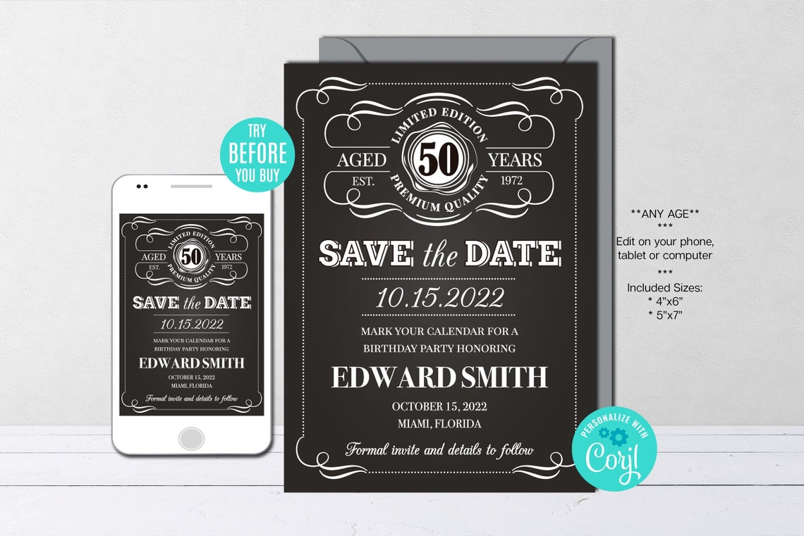 Editable Aged to Perfection Save the Date Template ANY AGE Whiskey ...