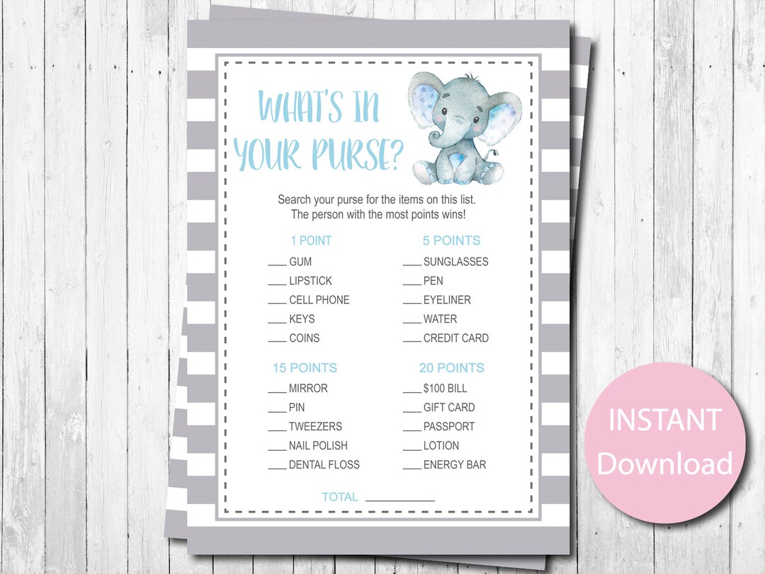 What's in Your Purse Baby Shower Game, Boy, Blue and Gray, Elephant ...