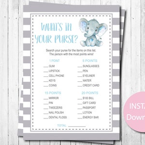 What's in Your Purse Baby Shower Game, Boy, Blue and Gray, Elephant ...