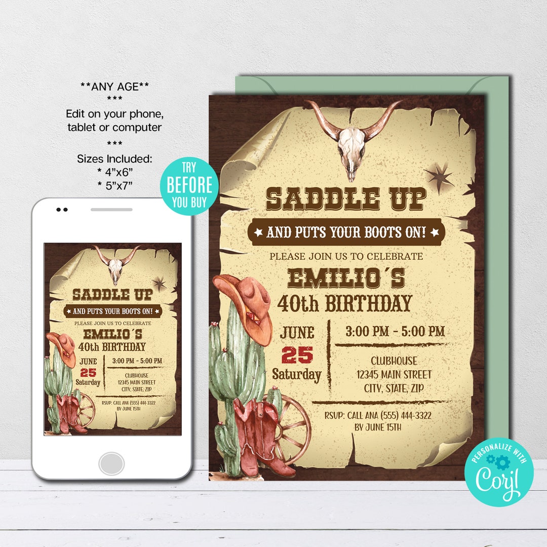 EDITABLE Western Cowboy Birthday Invitation, Saddle up Cowboy Birthday ...