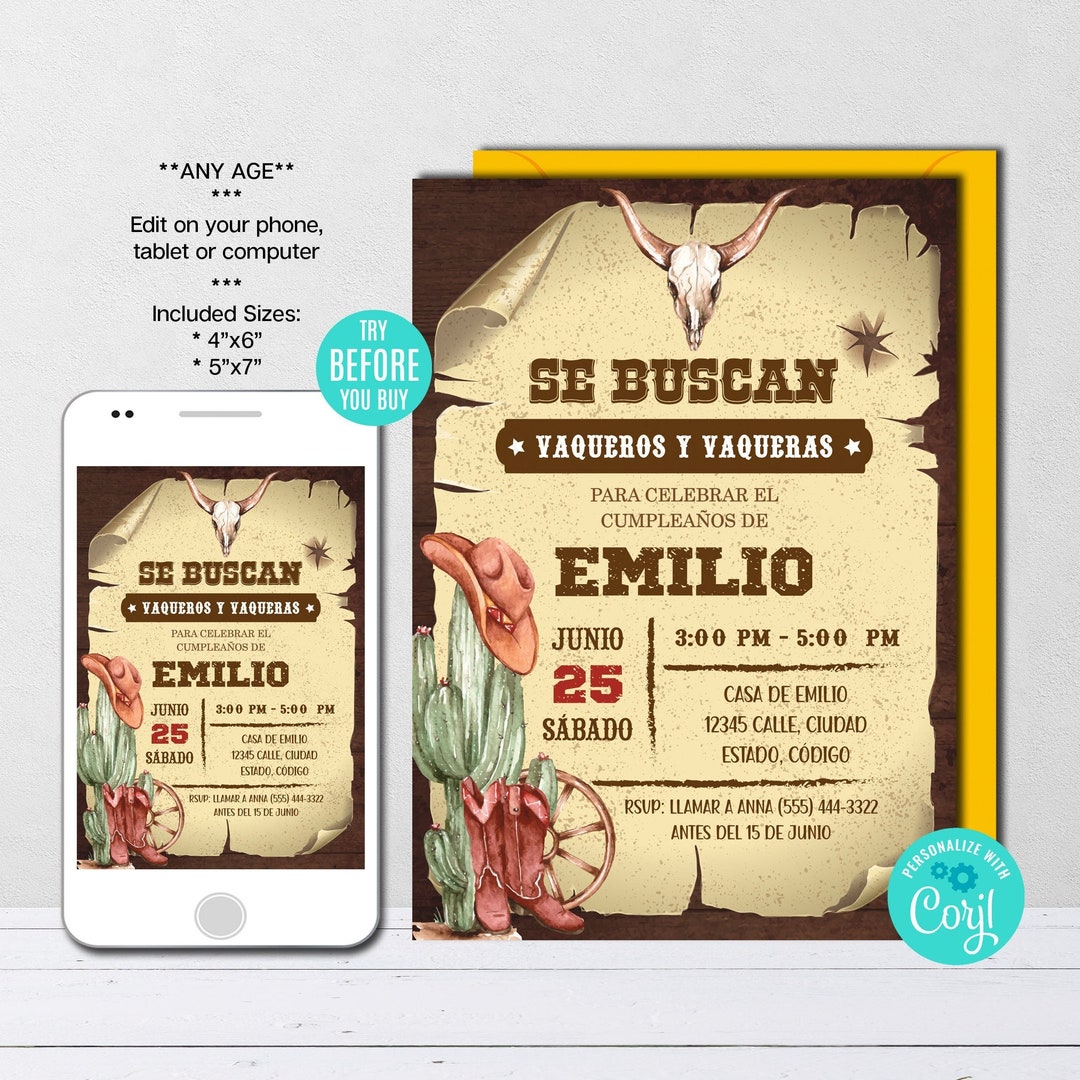 EDITABLE Western Cowboy Birthday Invitation, Spanish Cowboy Birthday ...