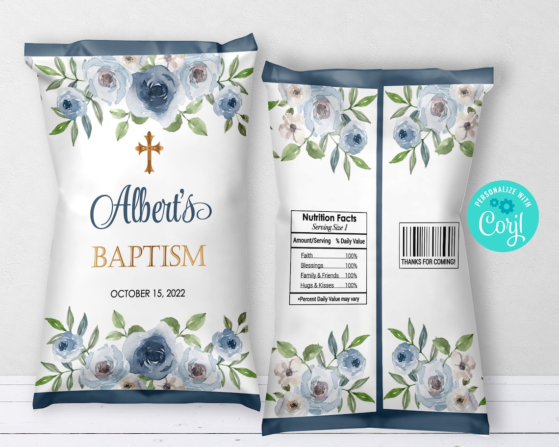 EDITABLE Baptism Chip Bag Wrappers Blue Floral Baptism Boy - Etsy