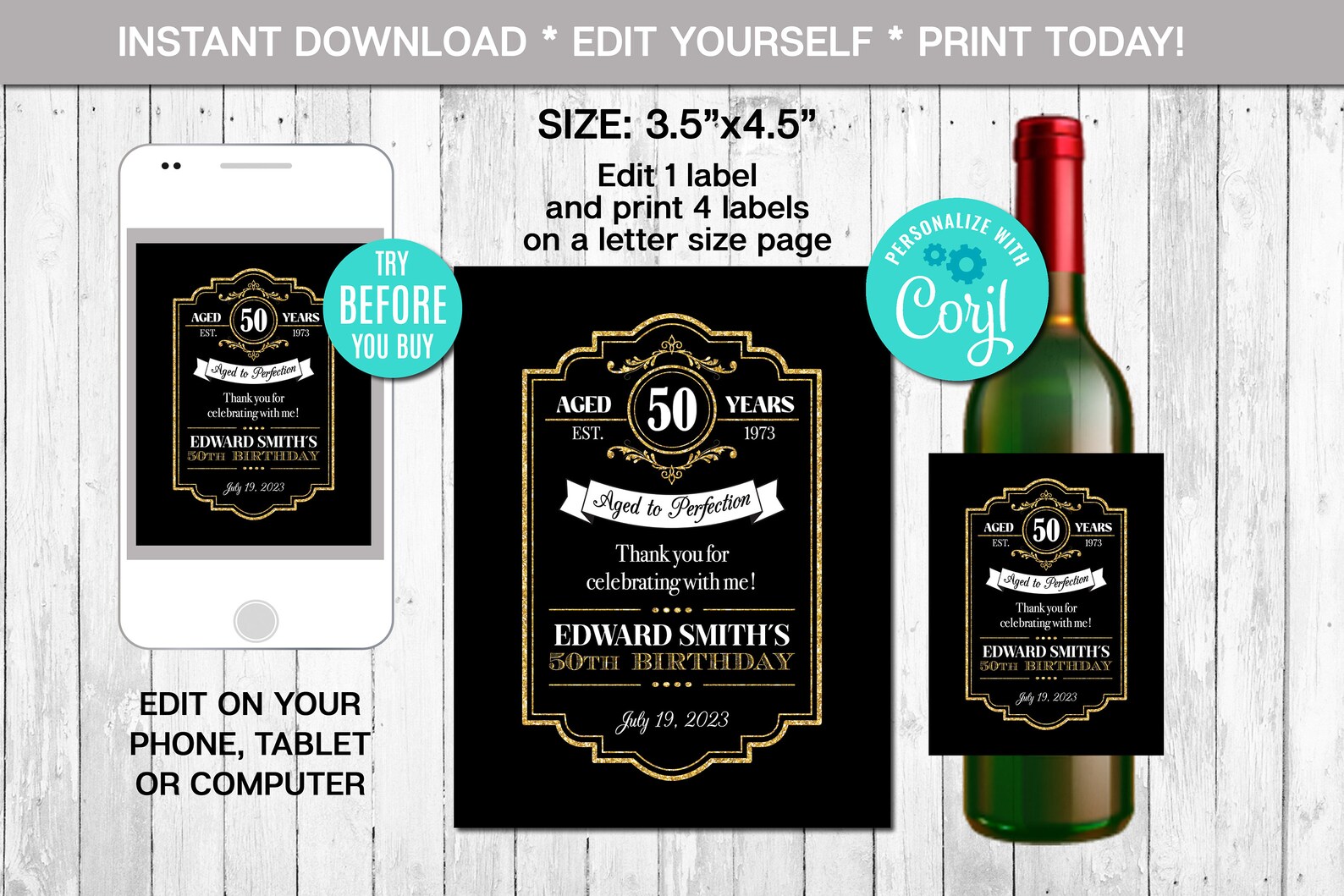 EDITABLE Mini Liquor Bottle Label, Aged to Perfection, Vintage, Any Age ...