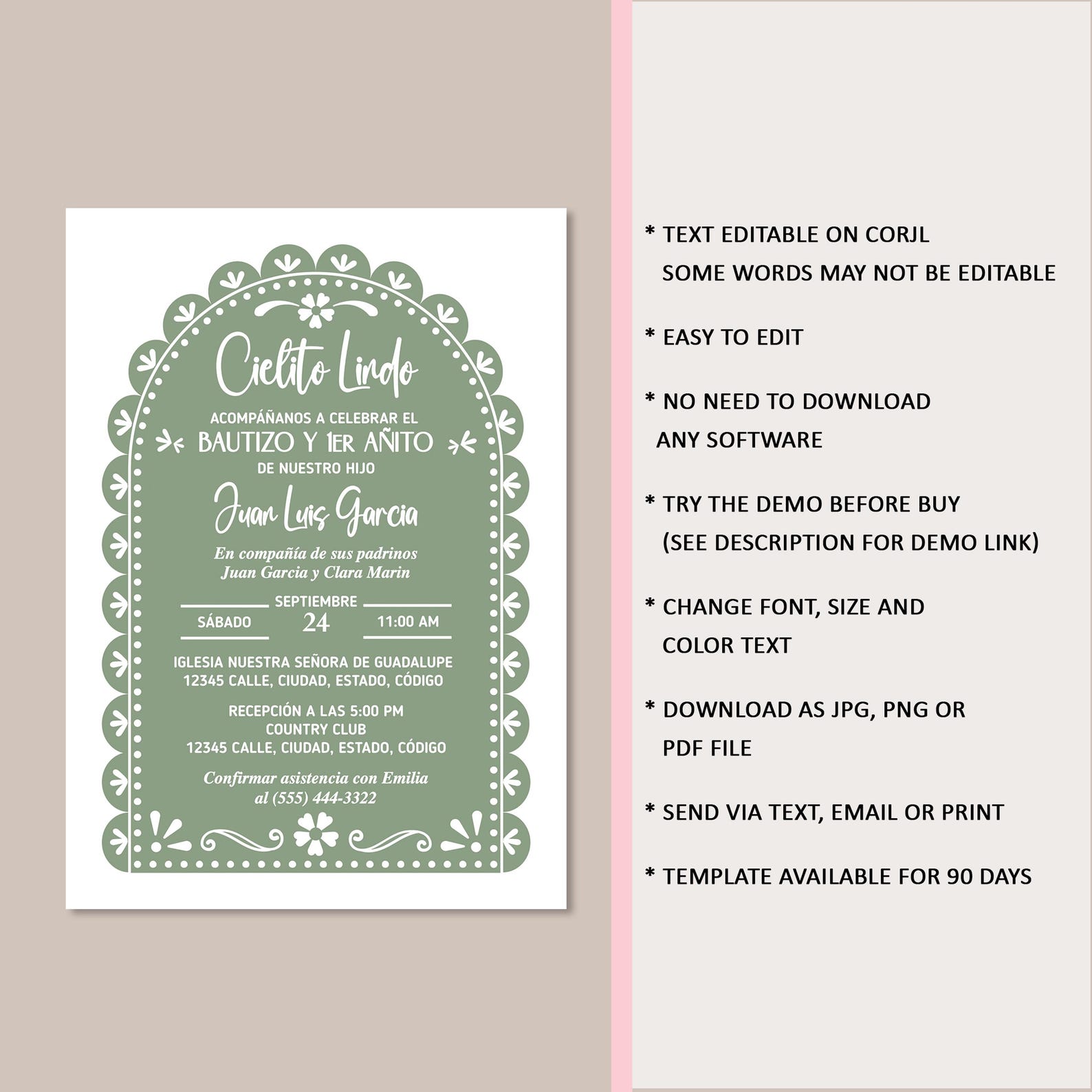 Cielito Lindo Baptism and 1st Birthday Invitation, Spanish Editable ...