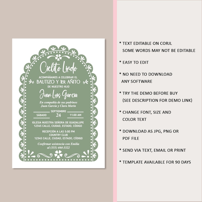 Cielito Lindo Baptism and 1st Birthday Invitation, Spanish Editable ...