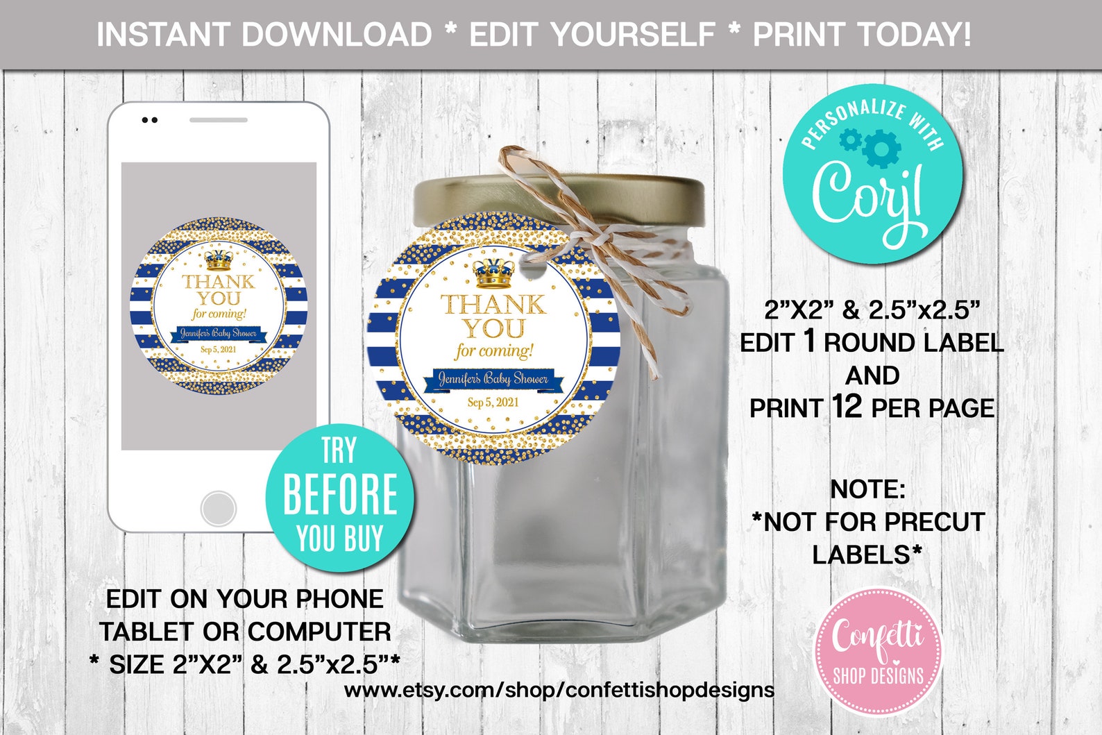 Editable Prince Favor Tag, Prince Baby Shower Favor Tag, Boy, Navy Blue ...