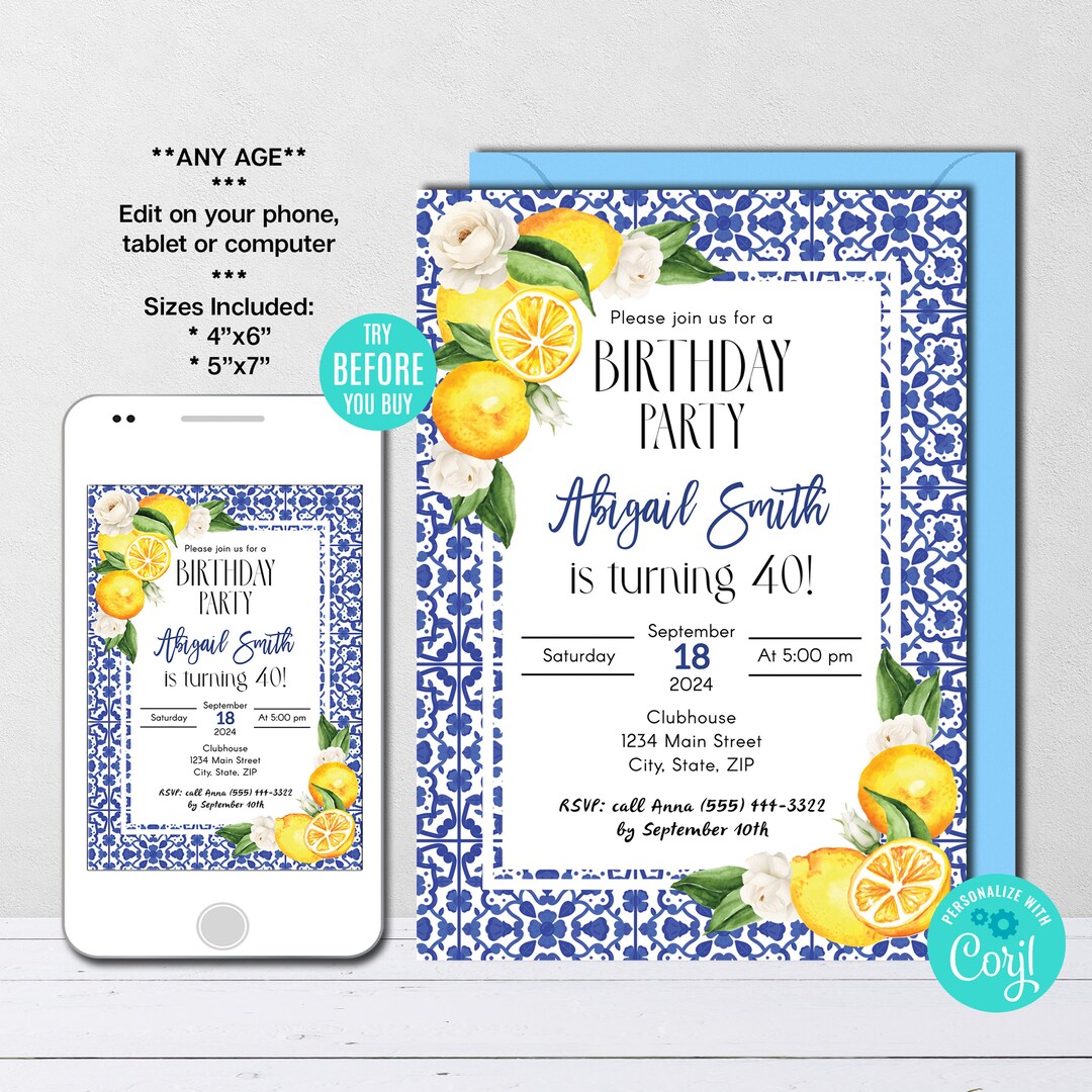 Editable Mediterranean Birthday Invitation Printable Template, Blue ...