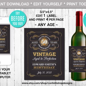 EDITABLE Water Bottle Label, Aged to Perfection, Any Age, Gold, Whiskey ...