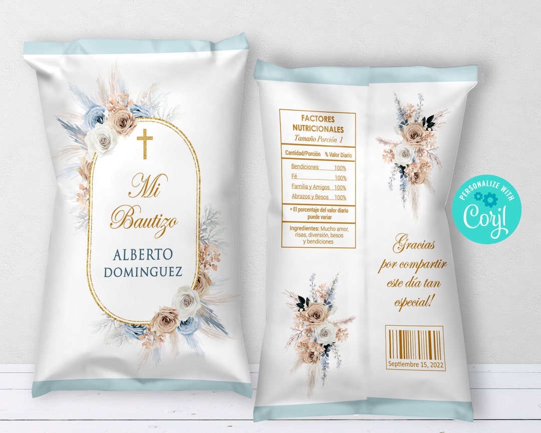 EDITABLE Baptism Chip Bag Wrappers Blue Floral Baptism Boy Spanish ...