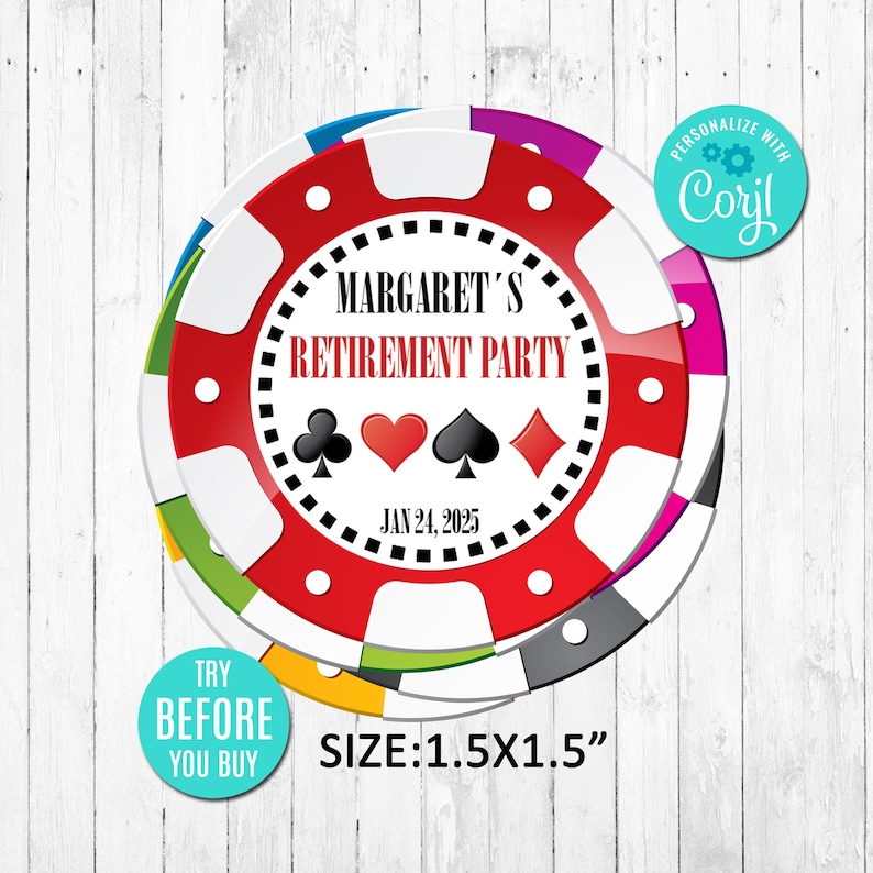 EDITABLE Casino Poker Chip Sticker Template, Casino Theme, Retirement ...