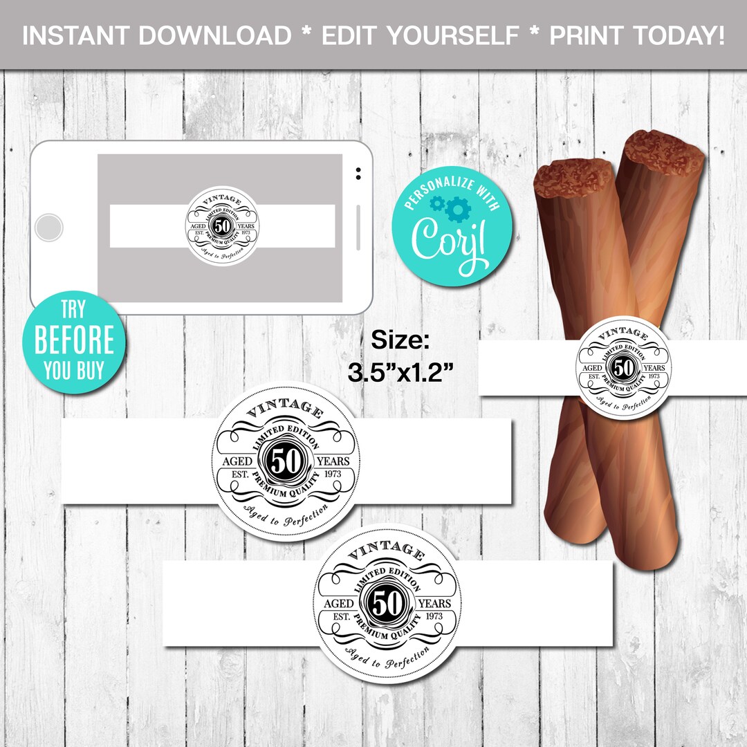 EDITABLE Cigar Labels 50th Birthday Cigar Band, Any Age, Aged to ...