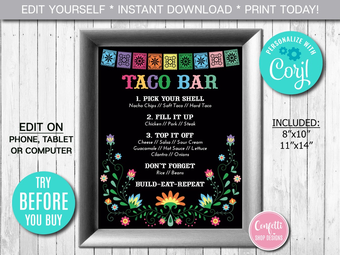 Editable Taco Bar Menu Sign, Fiesta Party Menu, Mexican Party, Mexican ...