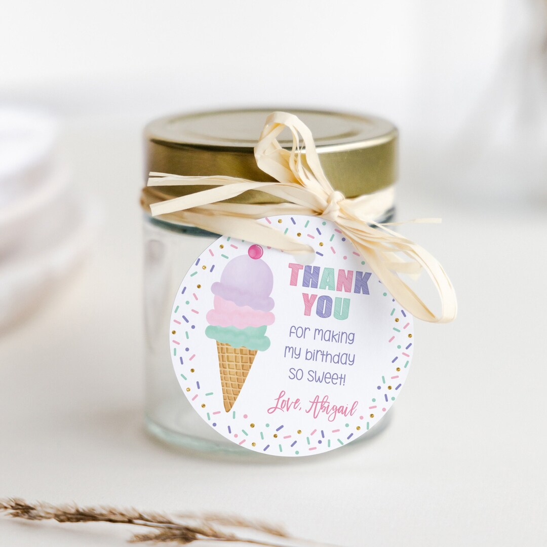 Editable Ice Cream Birthday Favor Tag Template, Round Thank You Tag ...