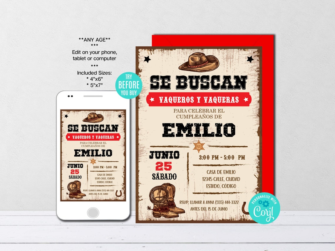 Editable Western Cowboy Rustic Birthday Invitation, Spanish, Wild West ...