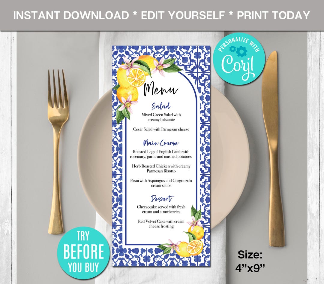 Editable Amalfi Menu Card Template, Blue Tiles Lemon Bridal Shower Menu ...