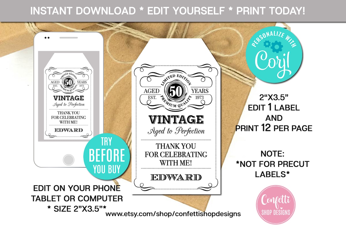 EDITABLE Aged to Perfection Favor Tag Any Age Birthday Thank - Etsy