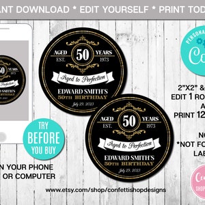 EDITABLE Cigar Labels, 50th Birthday Cigar Band, Aged to Perfection ...