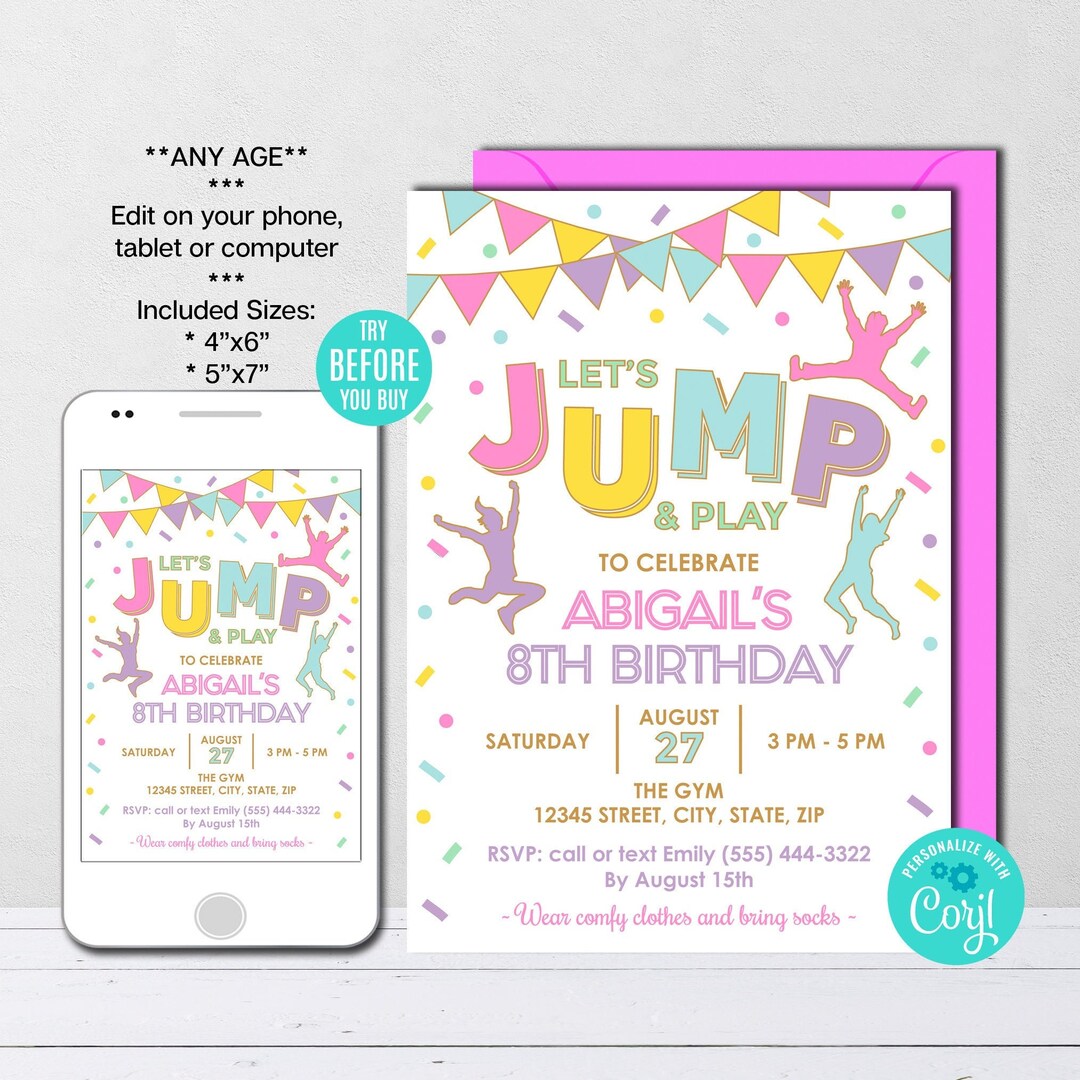 Editable Jump Birthday Invitation Template, Girl, Let's Jump ...