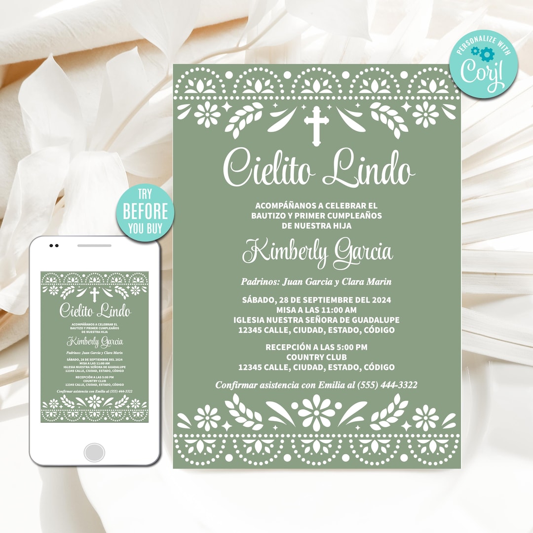 Cielito Lindo Sage Green Baptism Invitation, Gender Neutral, Editable ...