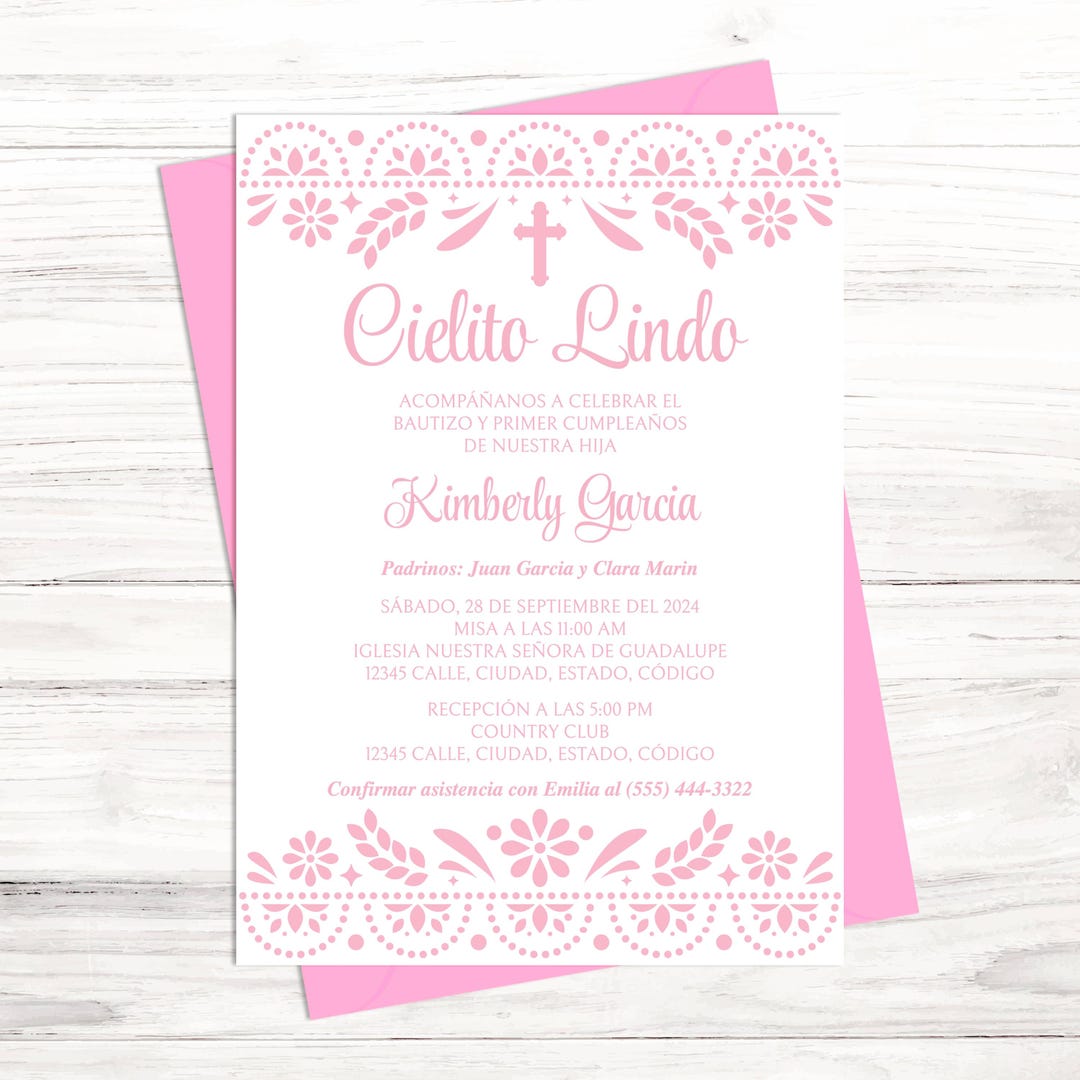 Cielito Lindo Pink Baptism Invitation, Girl, Editable Template, Mexican ...