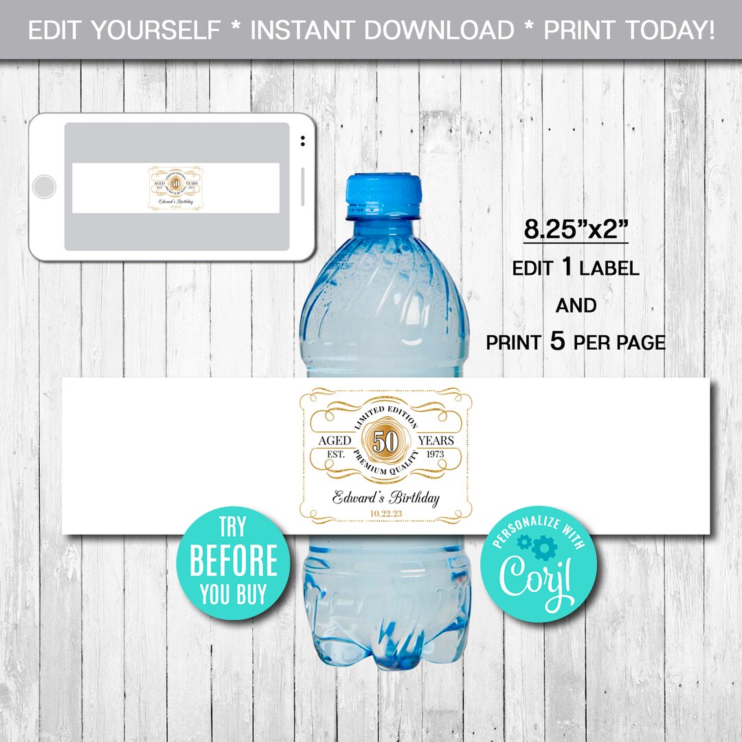 EDITABLE Water Bottle Label, Aged to Perfection, Vintage, Any Age, Gold ...