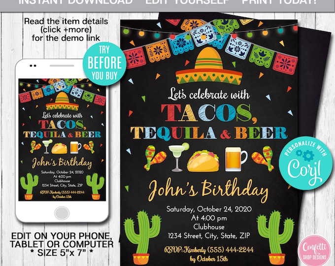 Spanish Birthday Invitation Mexican Theme, Any Age, Instant Download ...
