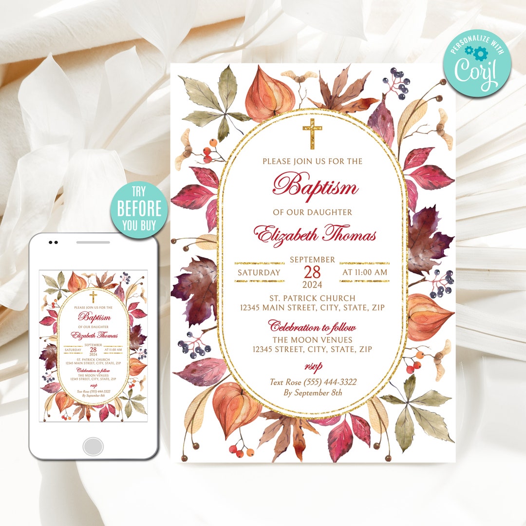 Editable Autumn Floral Baptism Invitation Template, Gender Neutral ...