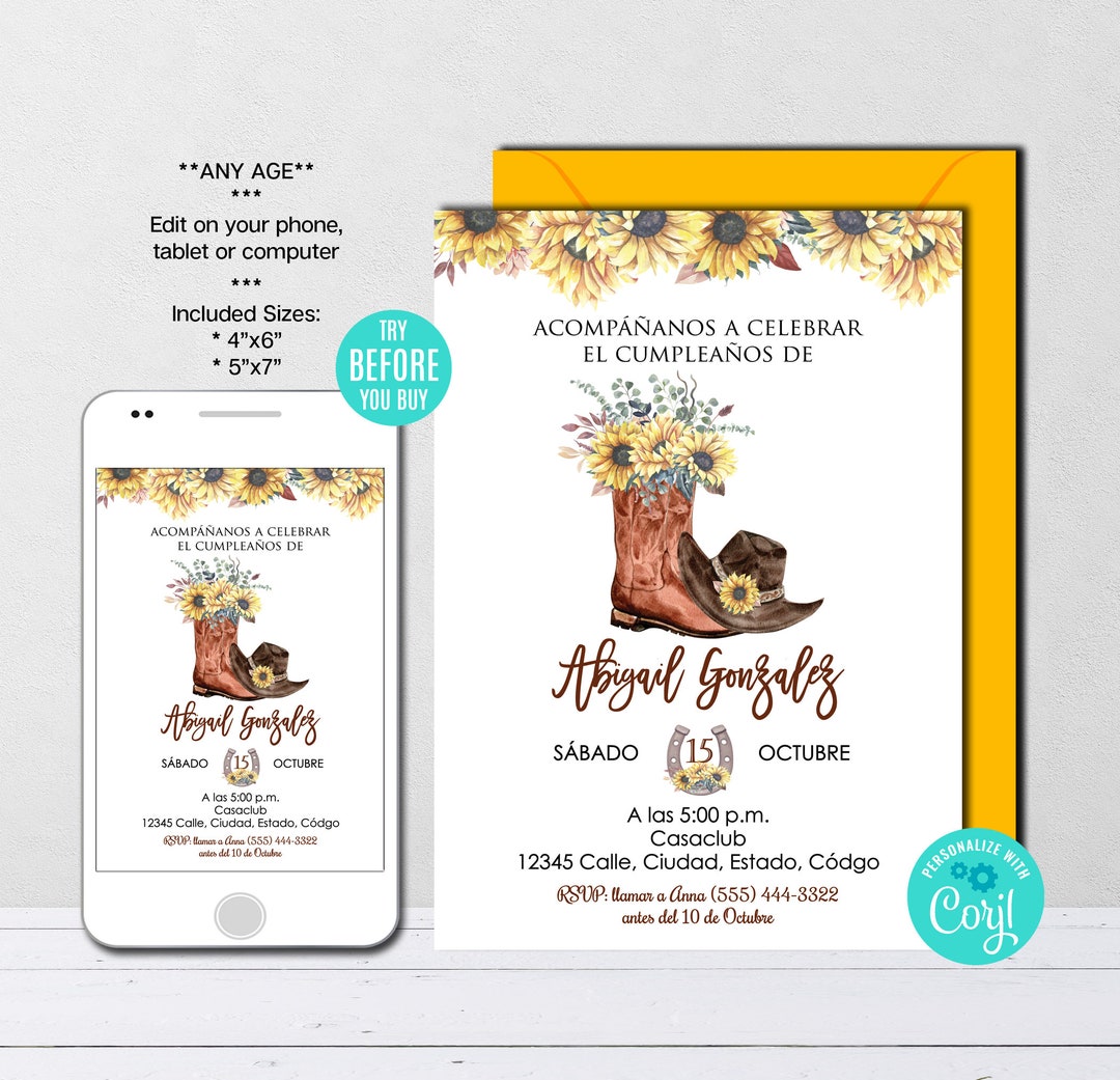 Invitación de cumpleaños de vaquera editable Botas españolas - Etsy España