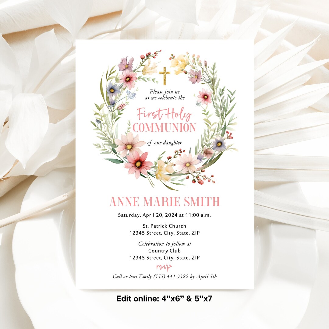 Editable First Holy Communion Invitation, Girl, Editable Wild Flowers ...