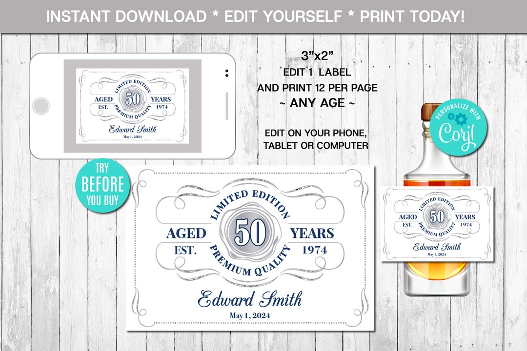 EDITABLE Mini Liquor Bottle Label Template, Aged to Perfection, Silver ...