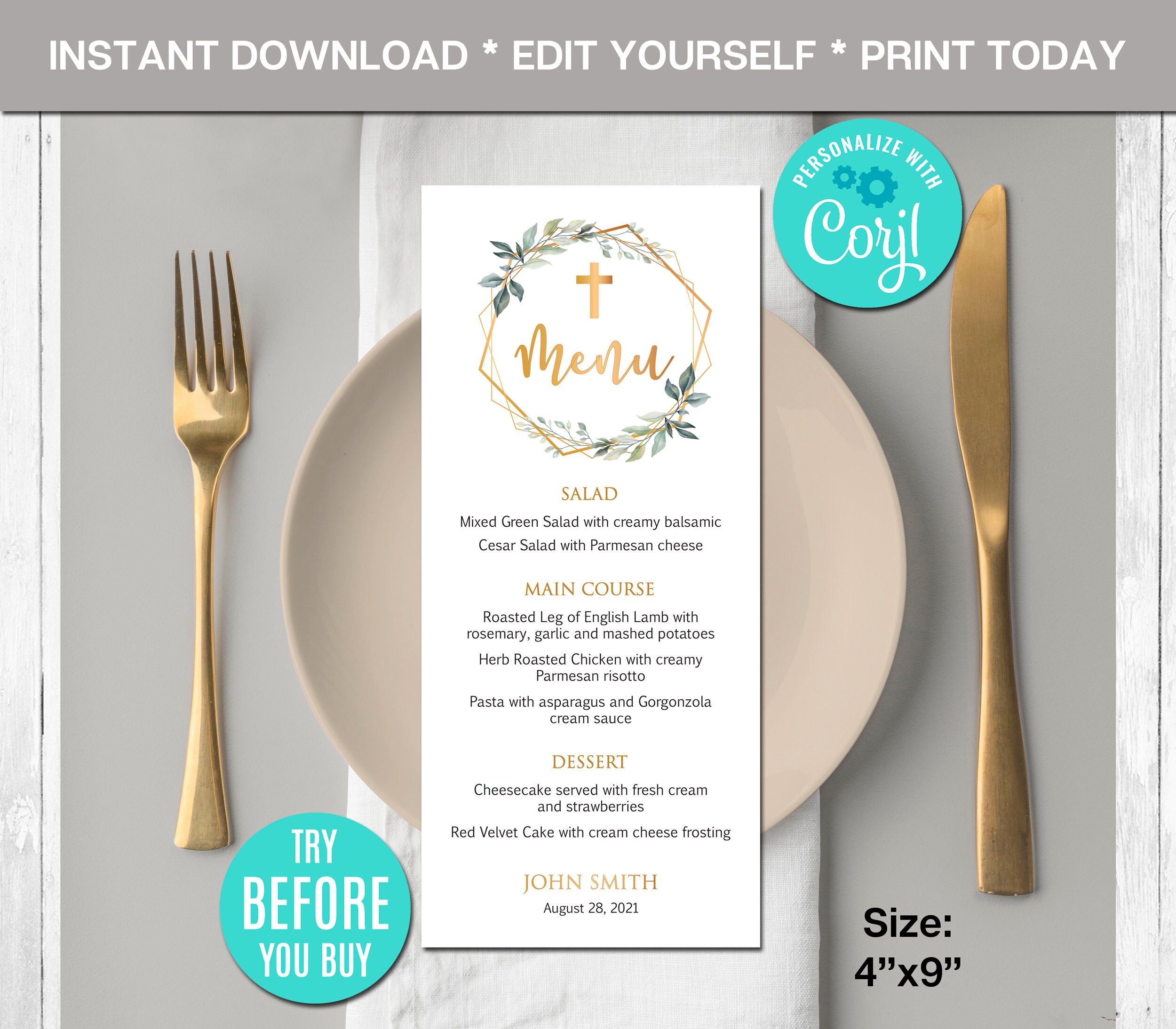 Editable Baptism Menu, Boy, Christening, First Communion, Greenery ...